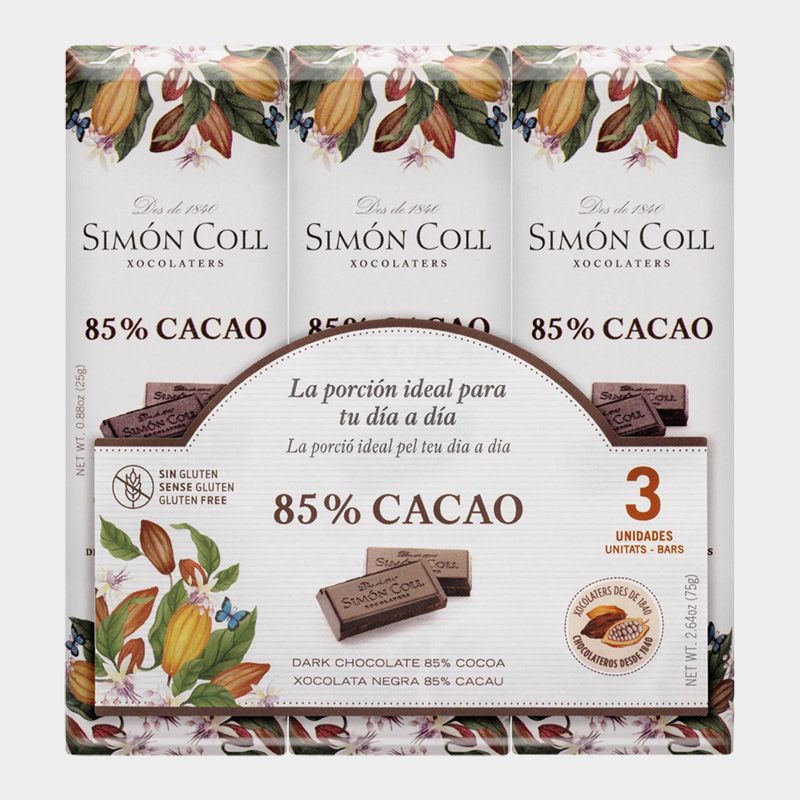 Mini Dark Chocolate Bar 85% cocoa pack 3u x 25g | Simón Coll