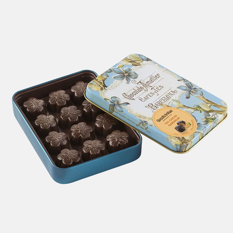 70% Orange Amatller Flower Pralines Tin 72g | Simón Coll