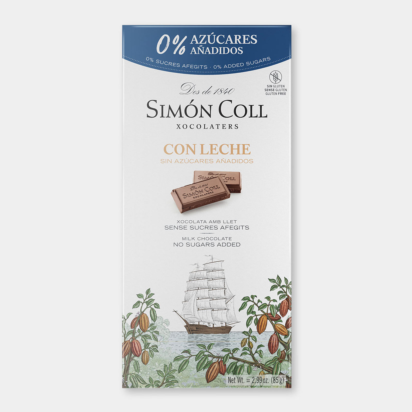 Milk Chocolate Bar with no added sugar 85g | Simón Coll